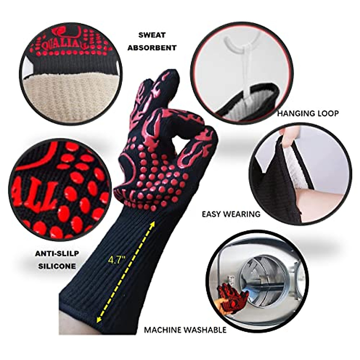 BBQ gloves, 1472°F, EN407 Certified. Extreme Heat Resistant, Long Sleeve, Anti-slip, Sweat Absorption, Comfier Easier and Safer for Grilling, barbecue, smoking, Cooking, Baking, pot holding.