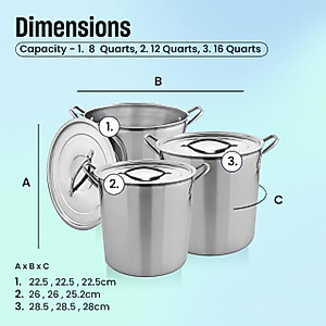 MARBELLA 6 pcs set (8/12/16) Quart Stainless Steel Stockpot with Lid Food Grade Heavy Duty Multipurpose Stock Pot for Stew, Simmering, Soup Pot, Gas and Dishwasher Safe Rust Free Cookware Silver