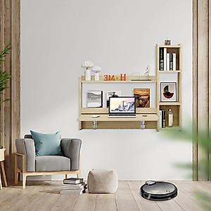 Pmnianhua Floating Desk,41''Wall Mounted Table Folding Fold Down Laptop Computer Desk with Storage Shelves for Wall Bedroom Small Space (Natural)