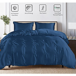 Linenwalas Tencel Lyocell Duvet Cover Set with Deep Pocket Fitted Sheet, Viscose Made from Eucalyptus Soft, Lightweight and Breathable Complete Bedding Set (Navy Blue, Queen)