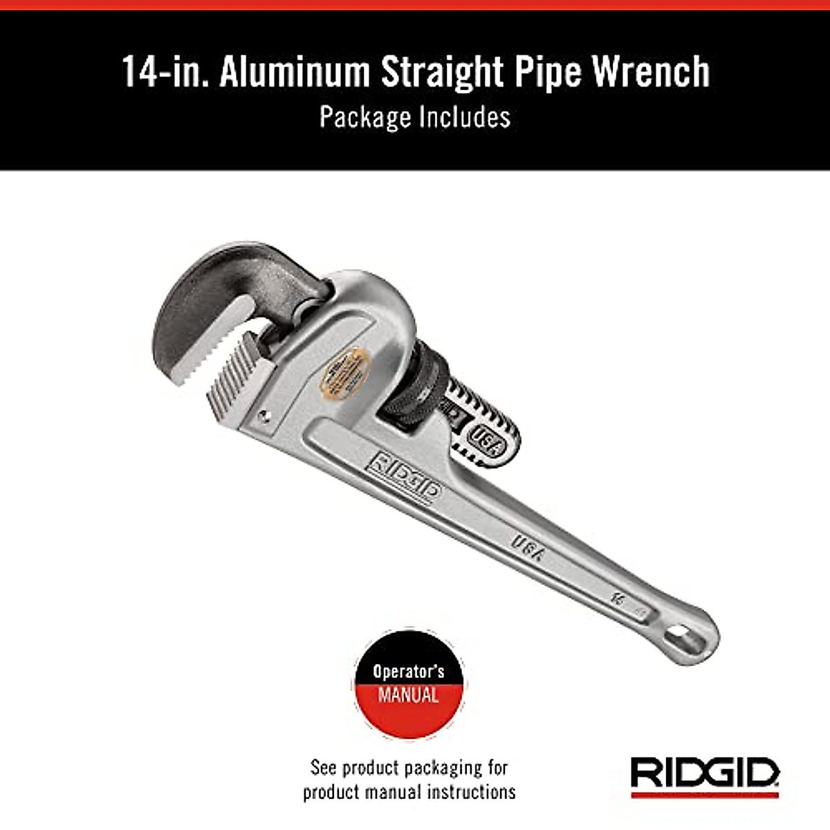RIDGID 31095 Model 814 Aluminum Straight 14" Plumbing Pipe Wrench, Silver, Made in the USA