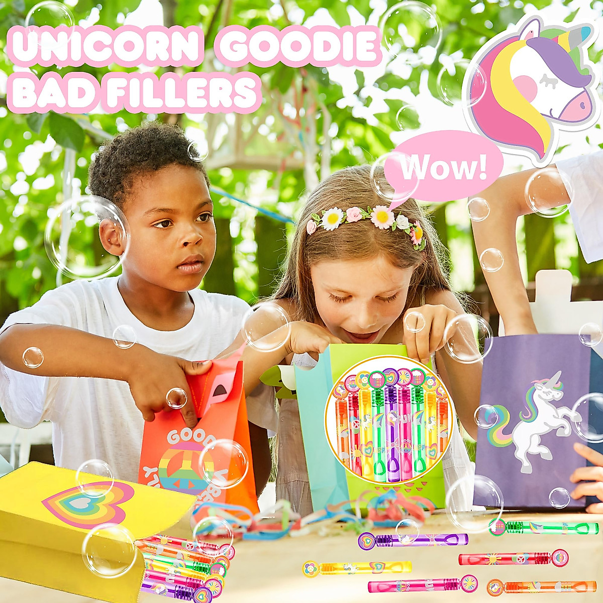 24PCS Unicorn Rainbow DIY Bubble Wands Party Favors 96PCS Stickers for Goodie Bag Fillers Pinata Stuffers Mini Bubble Bulk Smiley Birthday Party Supplies Toys Gifts Class Prizes Toddlers Girls