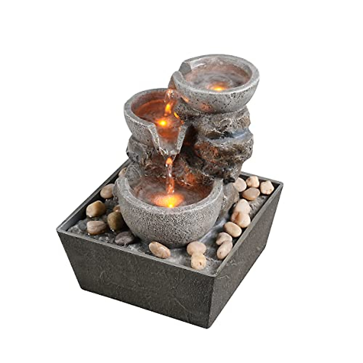 Haobos Decorative Indoor Fountain 3-Bowl Rockery Soothing Sound Tabletop Fountains Home/Office Decor with Led Light/Some Cobblestones(1556A)