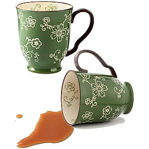 KUNABOO Artisanal Ceramic Mugs, Ceramic Coffee Cups, Coffee Mug Set of 2-11 oz -Sakura Floral Series Pine Green - Ready to Wrap Gift