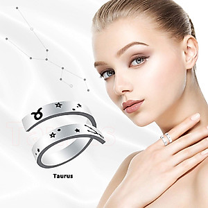 Zeponny Engraved Zodiac Ring, Surgical 316L Stainless Steel Statement Open Finger Rings, Horoscope Astrology Thumb Band Jewelry Gift for Women Men, US Size 8-9