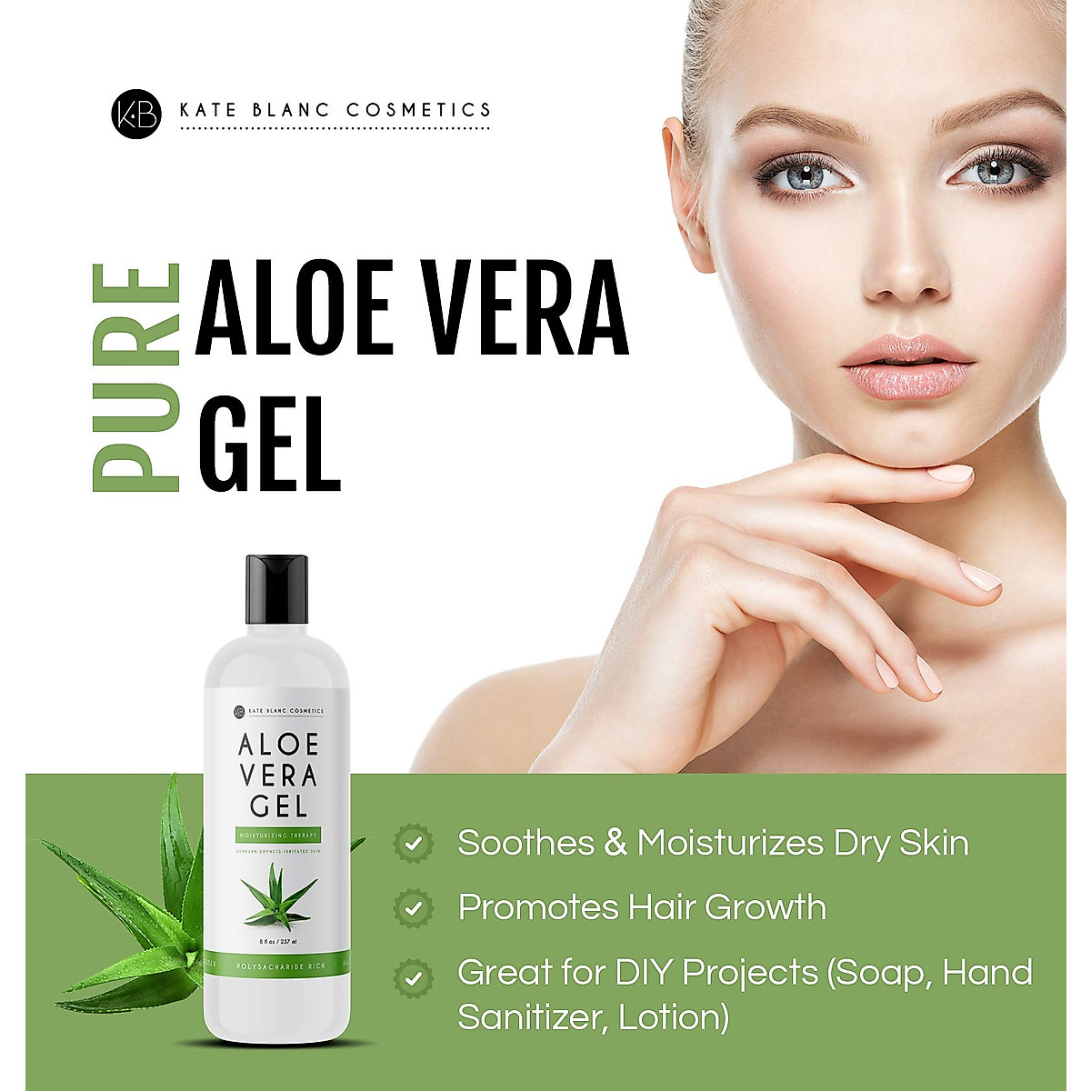 Kate Blanc Cosmetics Aloe Vera Gel for Face and Skin (8 oz) Pure Aloe Vera Gel for Hair Growth. Aloe Gel Great for Sunburn Relief, Burns, Dry Scalp Moisturizer. Made from Organic Aloe Vera Plant