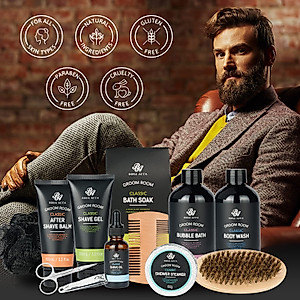 Bath Gift Set 14Pcs Beard Grooming, Bath & Body Spa Kit w/Beard Oil, Beard Balm, Beard Brush, Beard Comb, Beard Scissors, Storage Bag, Beard Growth Care for Men, Dad, Husband