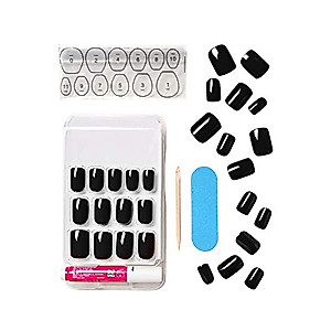 KISS Gel Fantasy Ready-to-Wear Press-On Gel Nails, “Aim High”, Short, Black, Nail Kit with 24 Mega Adhesive Tabs, Pink Gel Glue, Manicure Stick, Mini File, and 28 Fake Nails