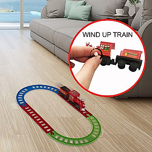 ArtCreativity 8-Piece Wind-Up Train Set for Kids, Toy Train Set with 2 Cars and 6 Tracks Each, Durable Plastic, Cute Christmas Holiday Train for Under The Tree, Great Gift Idea for Boys and Girls