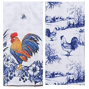 2 Piece Farmhouse Rooster Blue and White Dual Purpose Terry Towel Kitchen Bundle