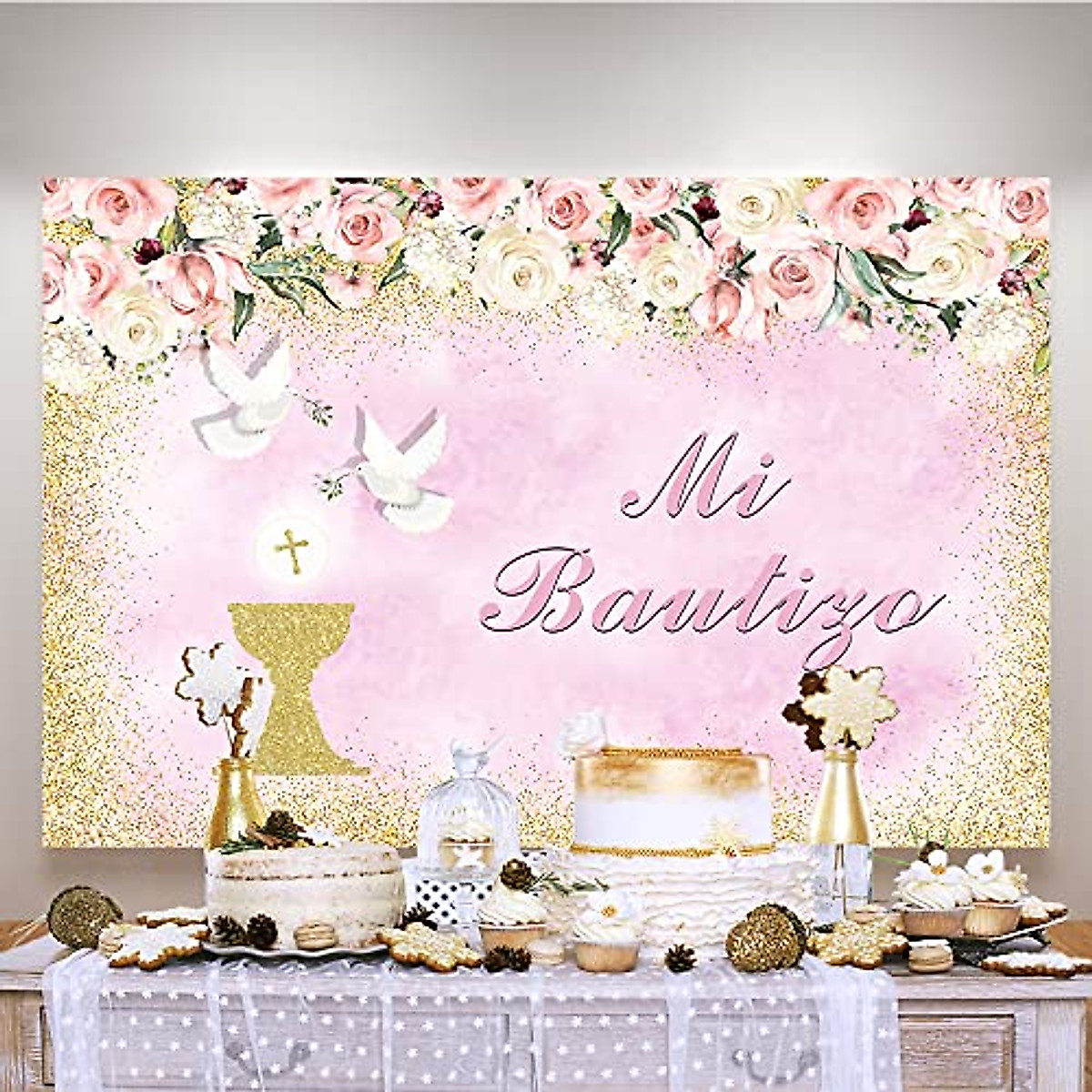5x3ft Mi Bautizo Backdrop for Girl Baptism Gold Bless Background Pink Flower Golden Dots Photography Baby Shower Banner Party Decorations Floral Newborn Baby Shower Photo Booth Props (EZH0D685UU)