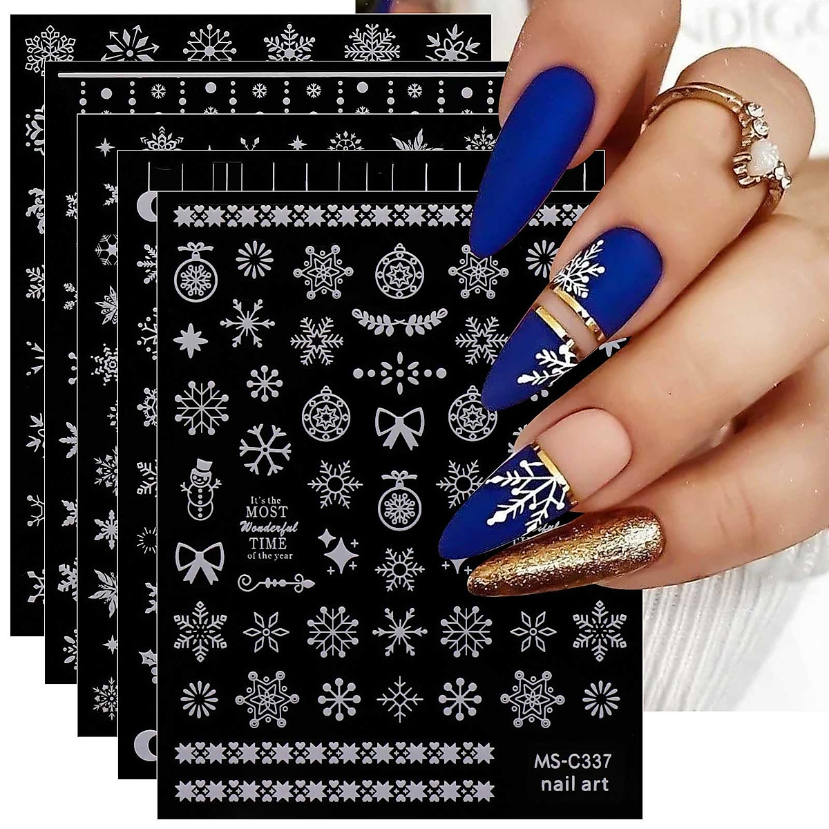 JMEOWIO 9 Sheets Christmas Nail Art Stickers Decals Self-Adhesive Pegatinas Uñas Snowflake Xmas Winter Holiday White Nail Supplies Nail Art Design Decoration Accessories