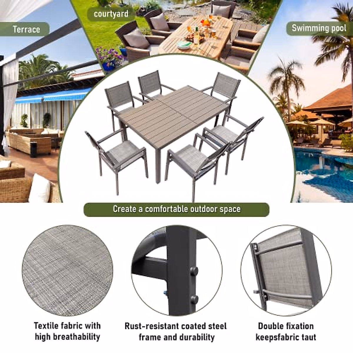 Rankok 7 Piece Patio Dining Set Outdoor Furniture Set with Weather Resistant Table and 6 Stackable Textilene Chairs for Garden, Yard, Garden and Poolside (Gray)