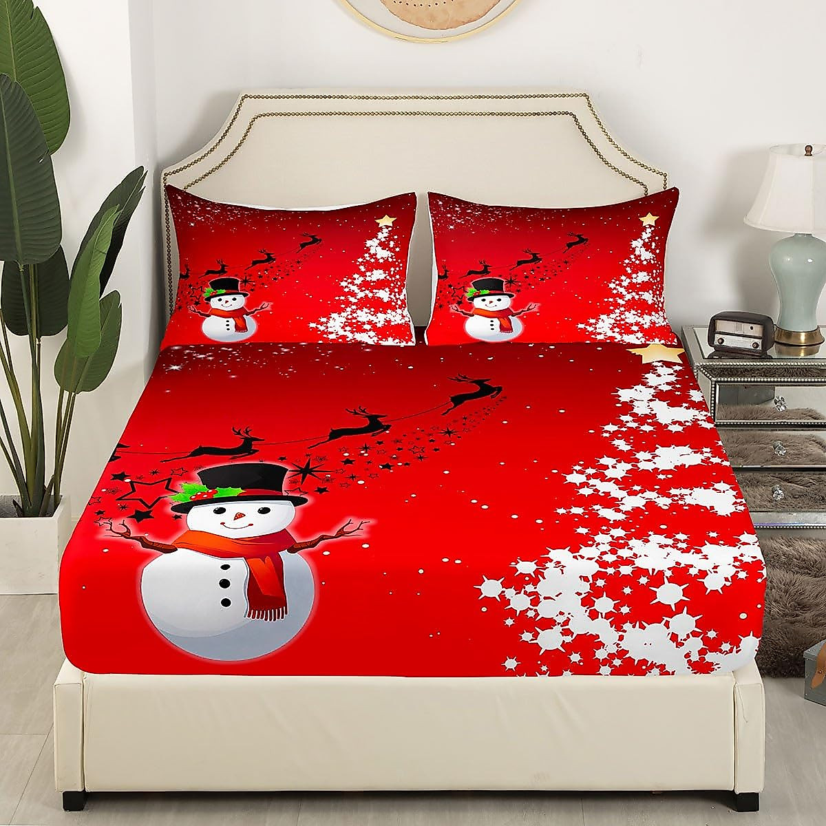 Christmas Tree Bed Sheets Full Size for Girls & Boys - Merry Christmas Fitted Sheet with Snowman & Elk Design - Happy New Year & Xmas Bedding Set - Red