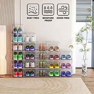 PRAKI Large Shoe Storage Boxes Organizer for Closet with Magnetic Door, 6 Pack Clear Stackable Shoe box for entryway, Space Saving Shoe Rack for Sneaker Boot Containers, 13.6 x 10.6 x 7.5 Inches