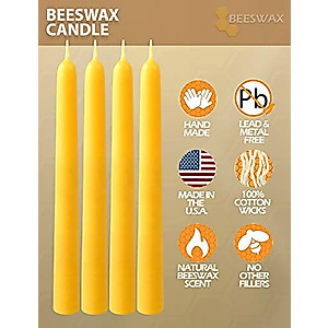 Hyoola 10" Beeswax Taper Candles - 10 Hour Burn Time - Yellow Beeswax Candles - 4 Pack