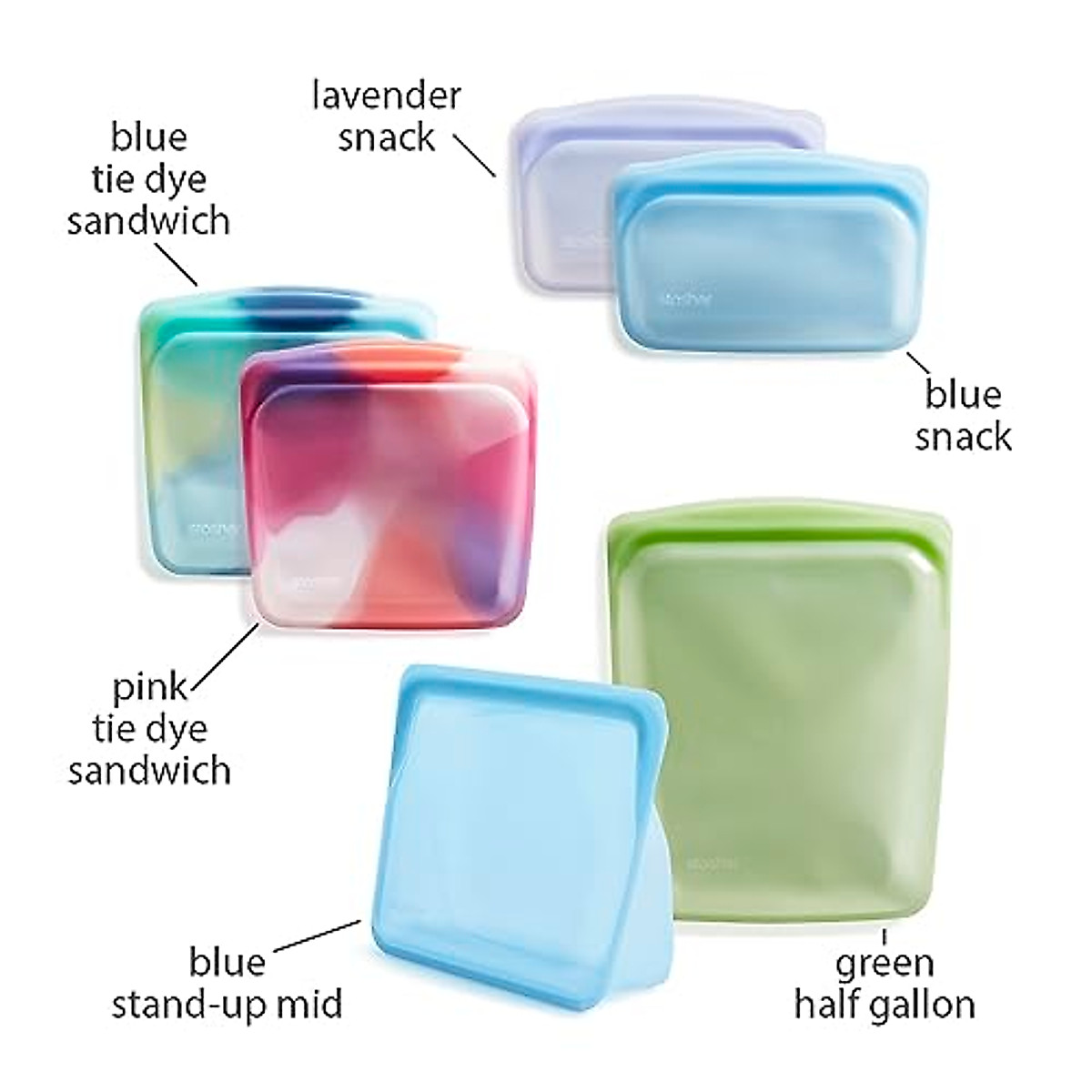 Stasher Premium Silicone Reusable Food Storage Bags, 6-Pack, Tie Dye Multi, Multi-Use Food Storage Bags, Lunch Bag, Travel Containers, BPA Free, Leak-free, Dishwasher-Safe, Eco-friendly