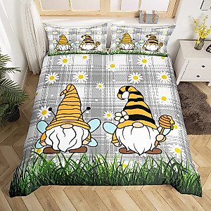 Erosebridal Funny Gnome Duvet Cover Queen Spring Bee Gnome Sunflower Bedding Set for Girls Teens White Daisy Floral On Grey White Checked Comforter Cover Honeycomb Grass Room Decor Quilt Cover