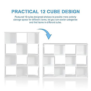 SUPER DEAL 12-Compartment Open Shelf Bookcase 47 inch Wide Bookshelves Wood Storage Organizer Display Cabinet with 6 Removable Back Panels for Living Room Bedroom, Vertical or Horizontal, White