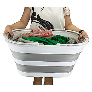 SAMMART 38L (10 Gallons) Collapsible Plastic Laundry Basket - Foldable Storage Container/Organizer - Portable Washing Tub - Space Saving Laundry Hamper (White/Grey)