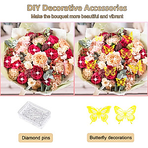 Unarty 20 Sheets White Flower Wrapping Paper with Ribbon, 24Pcs Gold Butterfly Decorations, 50Pcs Flower Pins, Waterproof Bouquet Wrapping Paper with Gold Edge, White Flower Paper Wrap