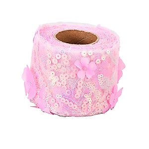 Wene Tulle Roll, Spool Tulle Fabric Shiny Flexible Embroidered Sequins Flowers for DIY Clothing for Handicraft Decoration(Deep Pink)