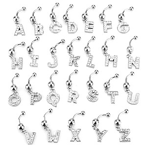 Dangle Belly Button Rings Initial 14G Surgical Steel Navel Ring 26 Letters Cubic Zirconia Body Piercing (Z)