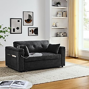 Modern 4 in 1 Convertible Sleeper Sofabed Chenille Upholstered Multifunctional Loveseat Sofa with Pull-Out Couch Bed,Armrests Storage,Cupholders,USB Ports,Adjustable Backrest,Pillows,Side Pockets