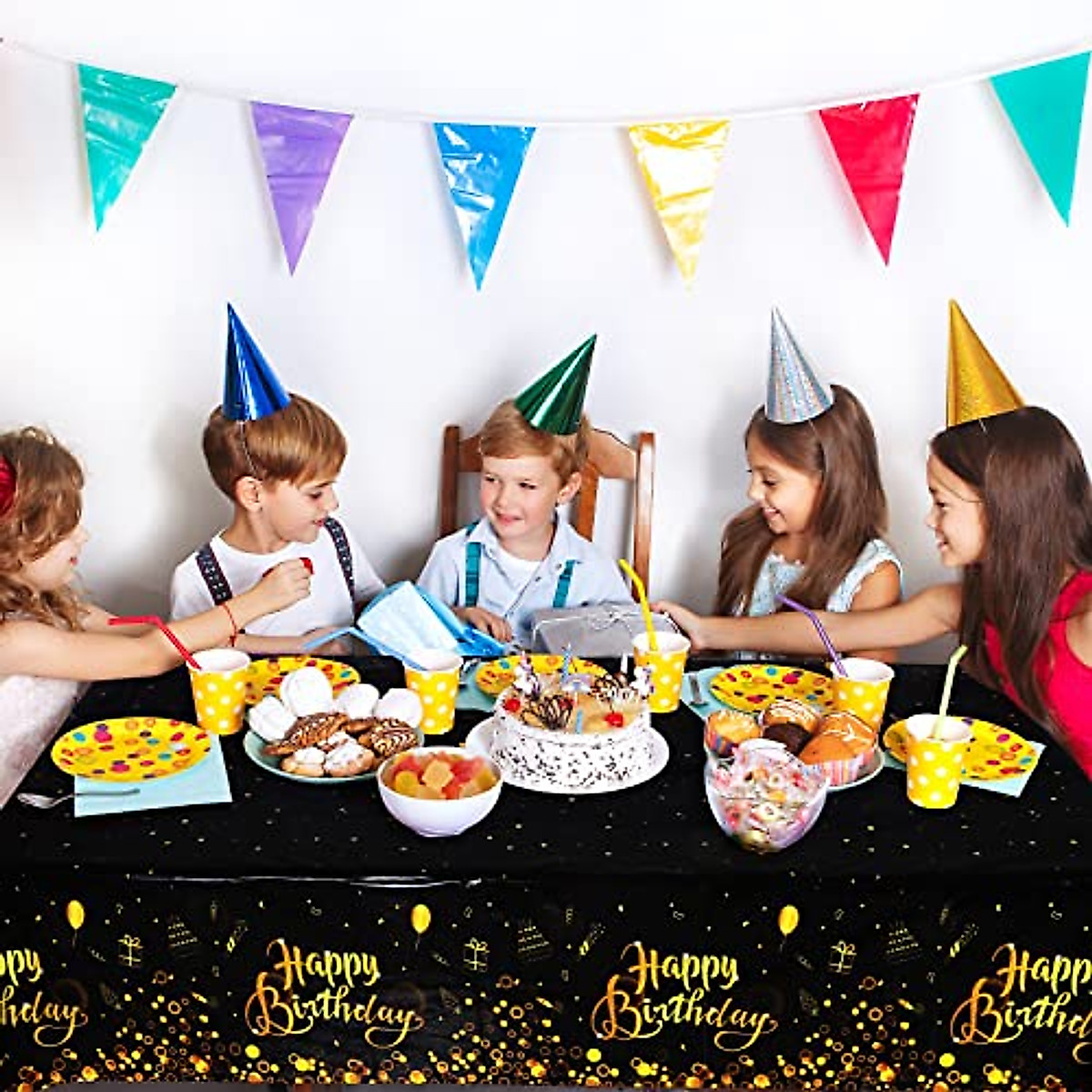 TURSTIN 2 Pack Happy Birthday Tablecloths Black Gold Plastic Table Cloth Rectangular 54 x 108 Inch Party Table Covers for Parties, Birthday, Anniversary Decorations