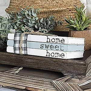 Wooden Rustic Decorative Books with Wood Bead Garland | Farmhouse Coffee Table Decor | Faux Fake Books for Living Room Kitchen End Table & Bookshelf Wall Decorations | Home Sweet Home Sign - Blue