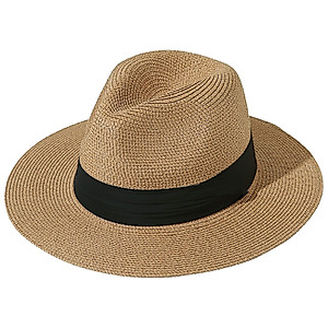 JOYEBUY Womens UPF50 Foldable Summer Straw Hat Wide Brim Fedora Sun Beach hat (Brown)