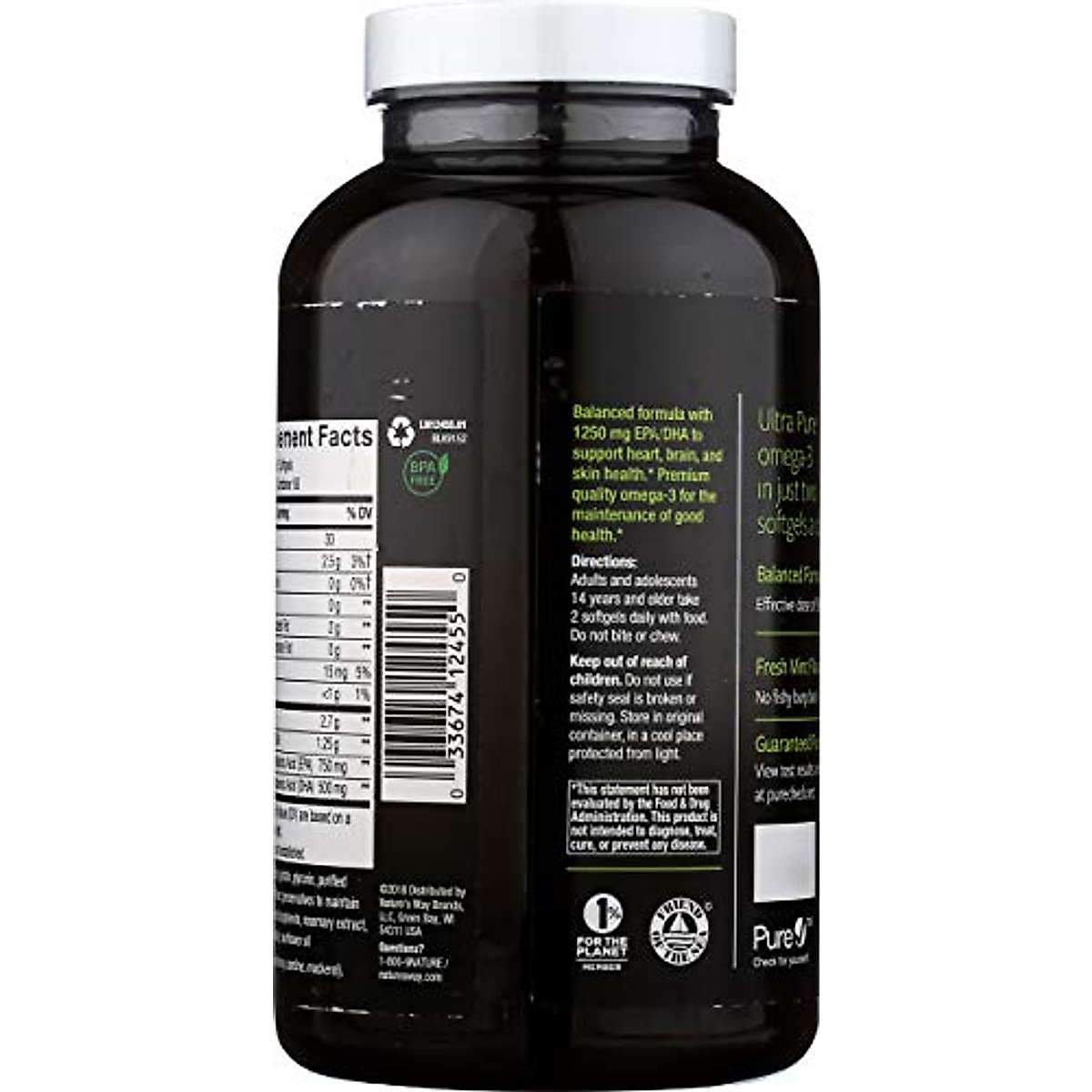 Nature's Way Ultra Pure Omega3 Fish Oil, 1250 mg EPA/DHA, Mint, 180 Softgels