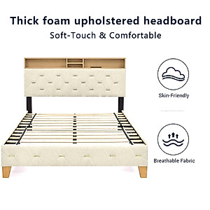 Queen Size Bed Frame with Shelf Storage & Upholstered Headboard, Upholstered Platform Bed Frame with USB Port, No Box Spring Needed, Sturdy Wood Slats for Family Bedroom Apartment (Beige, Queen)