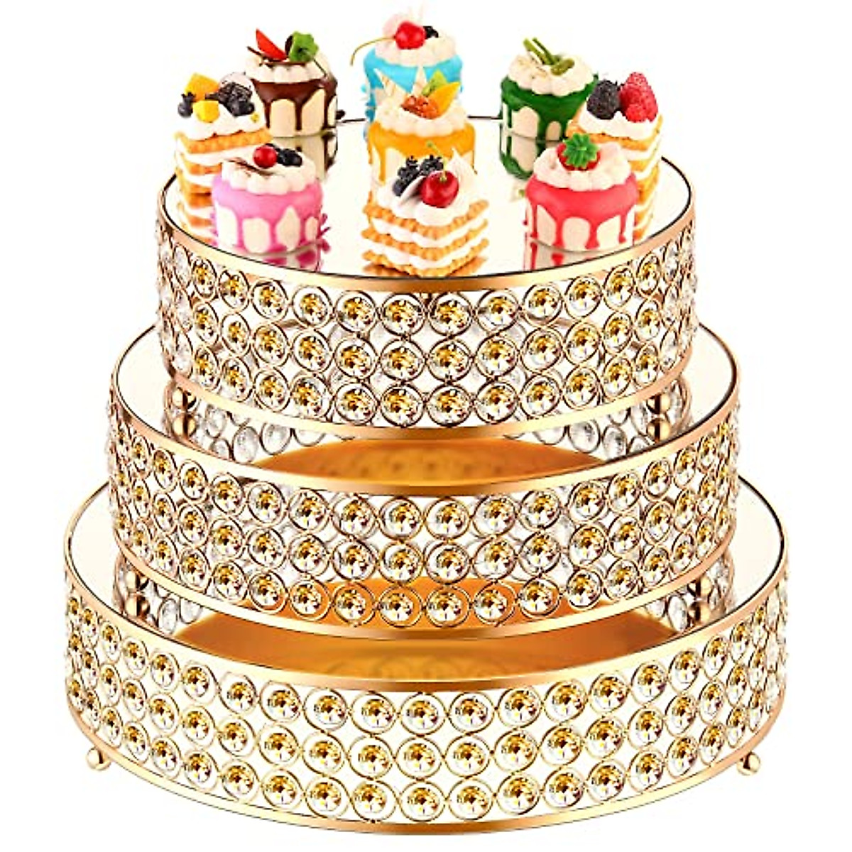 3 Pieces Crystal Beads Cake Stand Set Round Gold Plated Cupcake Stand Holder with Mirror Crystal Dessert Display Stand Cookies Fruit Serving Tray for Wedding Birthday Party Supplies, 10/ 12/ 14 Inches