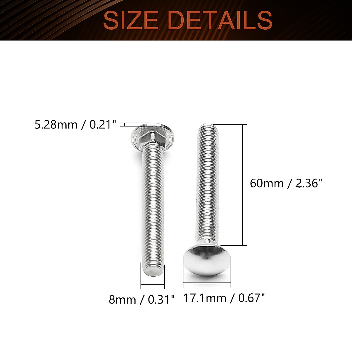 MroMax 8PCS Carriage Bolts M8x60mm Half Round Head Square Neck Bolt Fasteners 304 Stainless Steel Neck Carriage Bolt Silver Tone