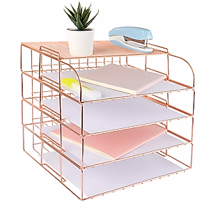Spacrea Letter Tray, 4 Tier Rose Gold Desk Organizers and Accessories for Women, Stackable Paper Tray Organizer Desk File Organizer with 1 Upper Display Shelf (Rose Gold)