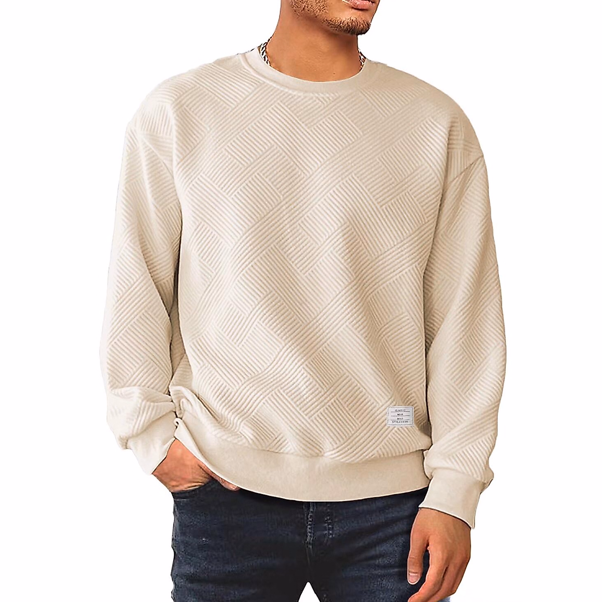 Dokotoo Men Men's Crew Neck Sweatshirts Soild Color Geometric Texture Long Sleeve Casual Pullover Shirts Beige 3X-Large