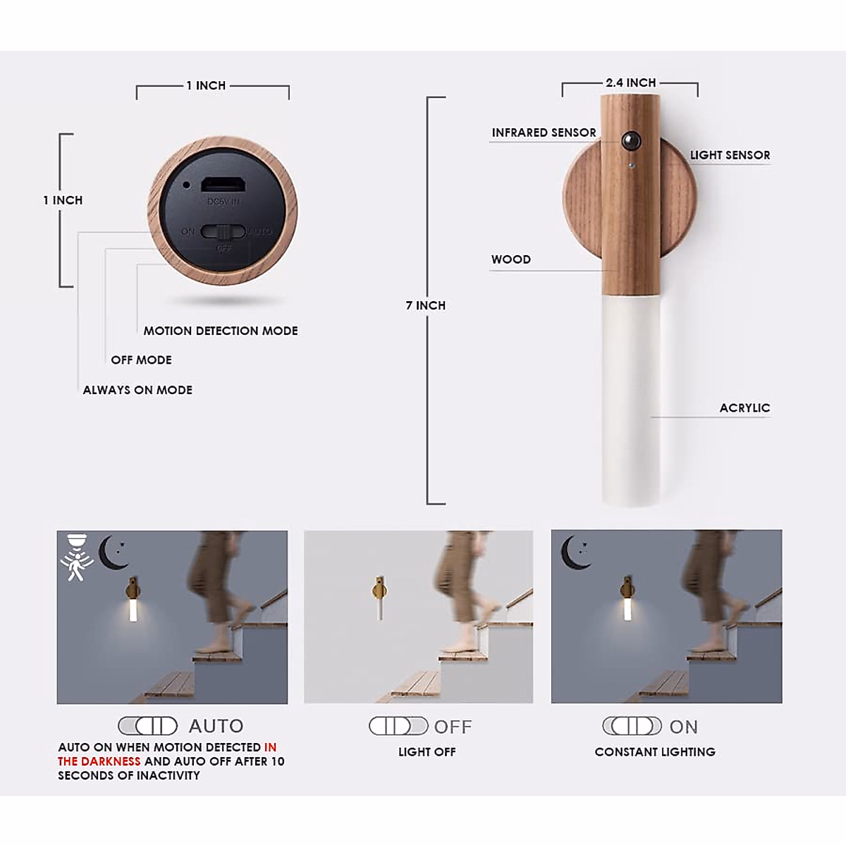 HIREATH Mini Wireless Portable LED Motion Sensor Night Light,Large Battery Rechargeable,Wood Stick Torch Magnet Light for Stairway, Bedroom, Kidsroom, Bathroom, Hallway, Wardobe, Wall, Cabinet