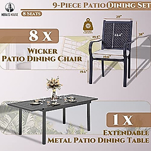HERA'S HOUSE 9 Pieces Wicker Patio Dining Set, 8 x Rattan Dining Chair, 1 x Extendable Metal Dining Table, All Weather Resistant Outdoor Furniture Set for 8 for Lawn Garden Backyard