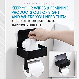 Day Moon Designs Toilet Paper Holder with Shelf - Flushable Wipes Dispenser & Storage Fits Any Bathroom, Keep Your Wet Wipes Hidden - Stainless Steel Wall Mount Bathroom Organizer - Matte Black, Small
