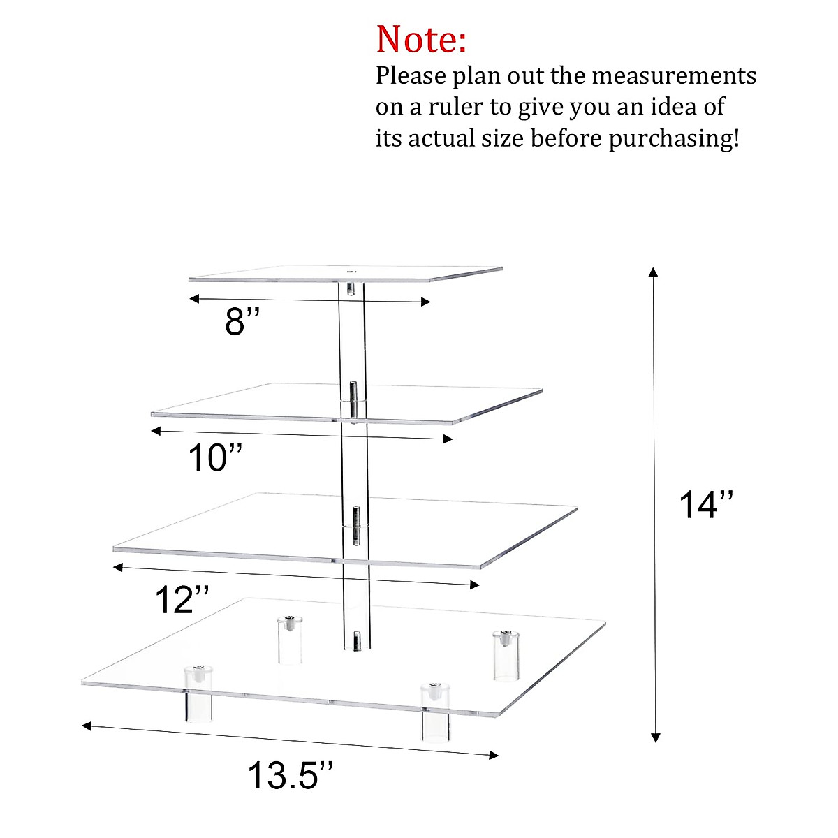 Jusalpha® 13.5'' Width Extra Large 4 Tiered Acrylic Glass Square Cake Stand-Cupcake Stand- Dessert Stand-Tea Party Serving Platter-Candy Bar Party Décor, 4SFL (Square)