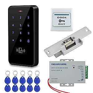 HFeng RFID Access Control System Kit Outdoor IP68 Waterproof Access Control Keypad + NC Fail Safe Electric Strike Locks + DC12V Power Supply + 10pcs 125KHz EM4100 Keyfobs Cards