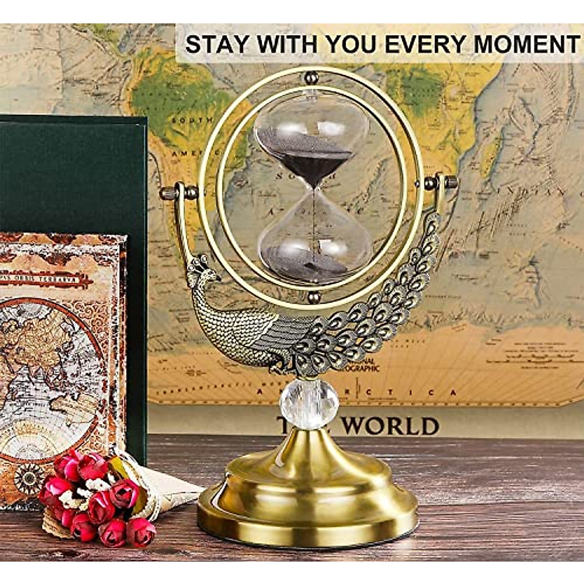 Sand Timer Hourglass Clock 60 Minute with Brass Peacock Frame & Crystal,SuLiao Antiguo Reloj De Arena 1 Hora,Metal Large Watch One Hour Glass Sand Watch for Gifts Home Office Desk Decor
