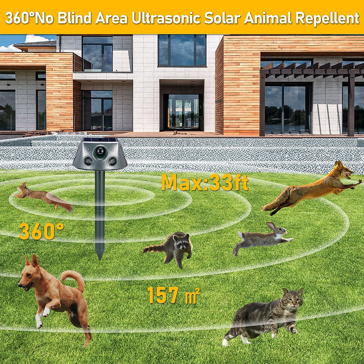 Ultrasonic Solar Animal Repeller for Yard, 6 Modes Outdoor Animal Repellent with PIR Motion Sensor & Flashing Light, Animals Deterrent for Squirrel Bird Deer Cat Skunk Dog for Yard Garden