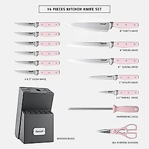 hecef Kitchen Knife Block Set, 14 Pieces Knife Set with Wooden Block & Sharpener Steel & All-purpose Scissors, High Carbon Stainless Steel Cutlery Set, Mothers Day Gift Housewarming Birthday (Pink)