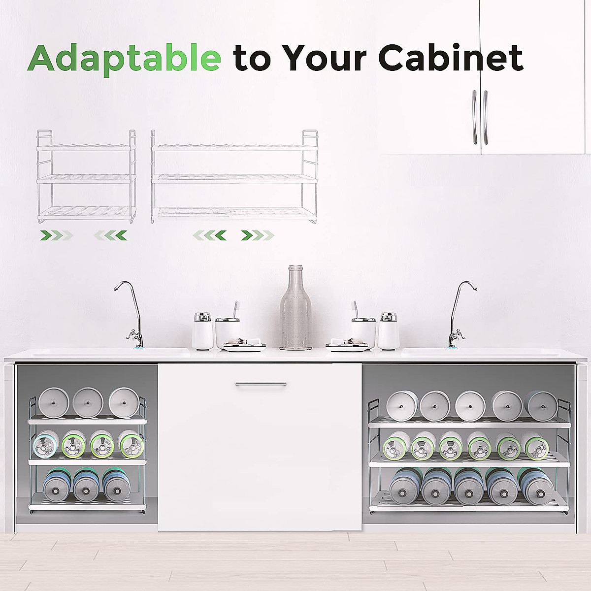 Expandable Water Bottle Organizer, Oylik 3-Shelf Stackable Plastic Water Bottle Holder, Height Adjustable Water Bottle Storage Rack for Kitchen Cabinets,Countertop,Pantry,Freezer,Fridge