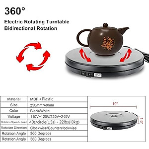Homend 110V Electric Motorized Rotating Turntable Display Stand with LED, 10inch/25cm Diameter 22lb Load, 360 Degree Rotating in Either Direction, for Photography, Showcase (10inch/25cm,Black)