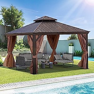 Aluminum Outdoor Gazebo with Steel Permanent Hardtop Canopy Shelter Pavilion Including Netting for Patio, Garden, Lawn Backyard (12'x12' Brown)