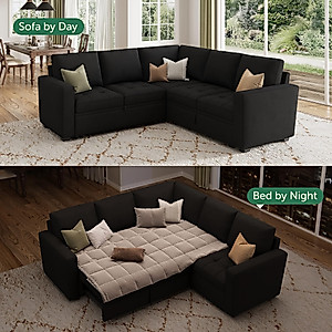 HONBAY Modular Sectional Sleeper Sofa with Pull Out Bed, Velvet Convertible L Shaped Sectional Couch with Storage Seat, Sectional Couches for Living Room, Balck