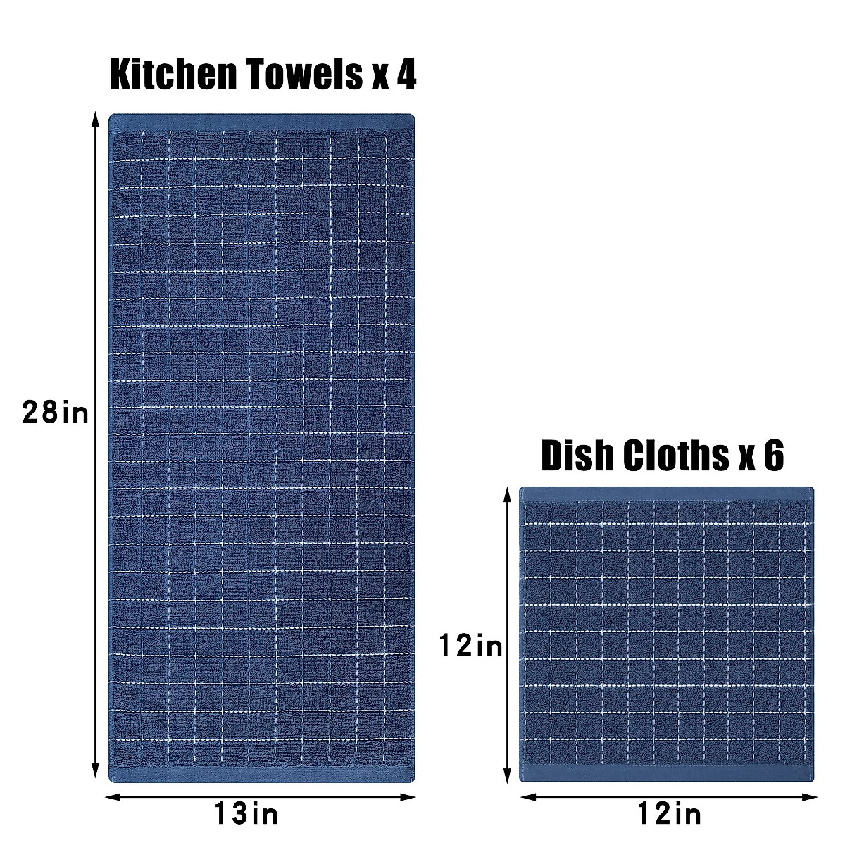 Homaxy Kitchen Towels and Dishcloths Set, 12 x 12 and 13 x 28 Inches, Set of 10 Bulk Cotton Terry Kitchen Towels Set, Checkered Designed, Soft and Super Absorbent Dish Towels, Navy Blue